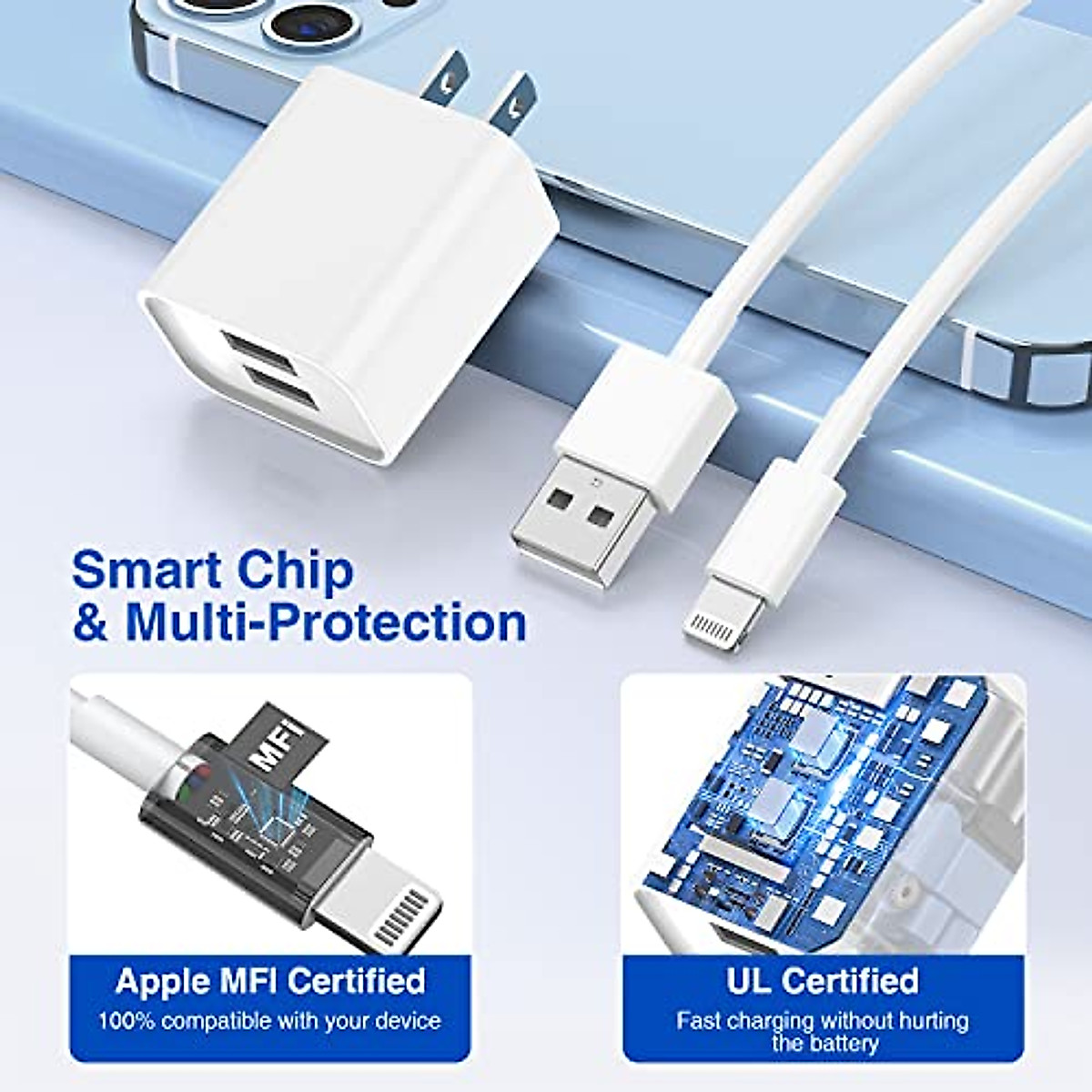 [Apple MFi Certified] iPhone Charger with Block 10 ft Cable, USB Wall Charger and Long 10 Feet Lightning Cord, 12W 2 Ports Charging Plug Block Box for iPhone 12/11/XR/X/Xs/Xr/8/7/6/6s Plus/SE/5c/iPad