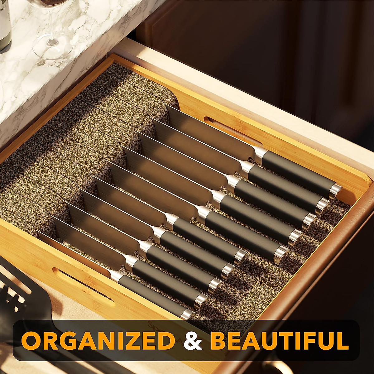 SpaceAid Large Knife Drawer Organizer Bamboo Insert Dock, Kitchen Steak Knives Holder Organizers Block for Drawer in Storage Organization (Large)