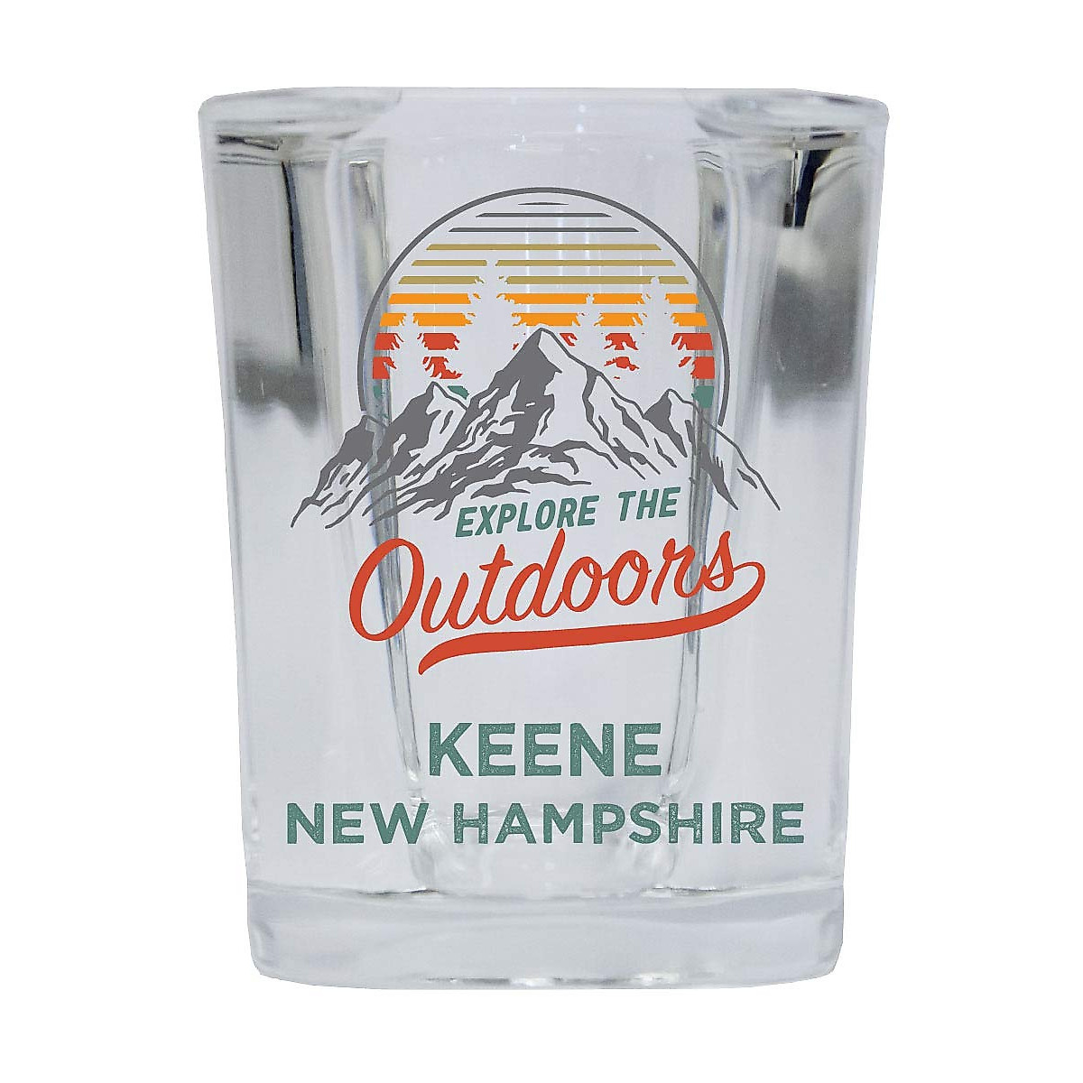 R and R Imports Keene New Hampshire Explore the Outdoors Souvenir 2 Ounce Square Base Liquor Shot Glass