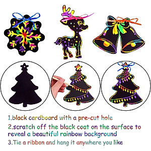 FINGOOO Scratch Art for Kids,48 Christmas Rainbow Scratch Paper Art Set with 12 Wooden Stylus Xmas Craft Decor