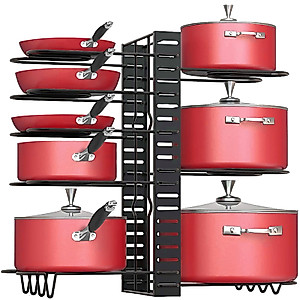 Podxco Pan Organizer Rack for Cabinet Pot Rack with 3 Diy Methods Adjustable Pot and Pan Organizer with 8 Tiers Pot Lid Organizer Holder Metal Heavy Duty Pot Organizer for Kitchen Counter and Cabinet