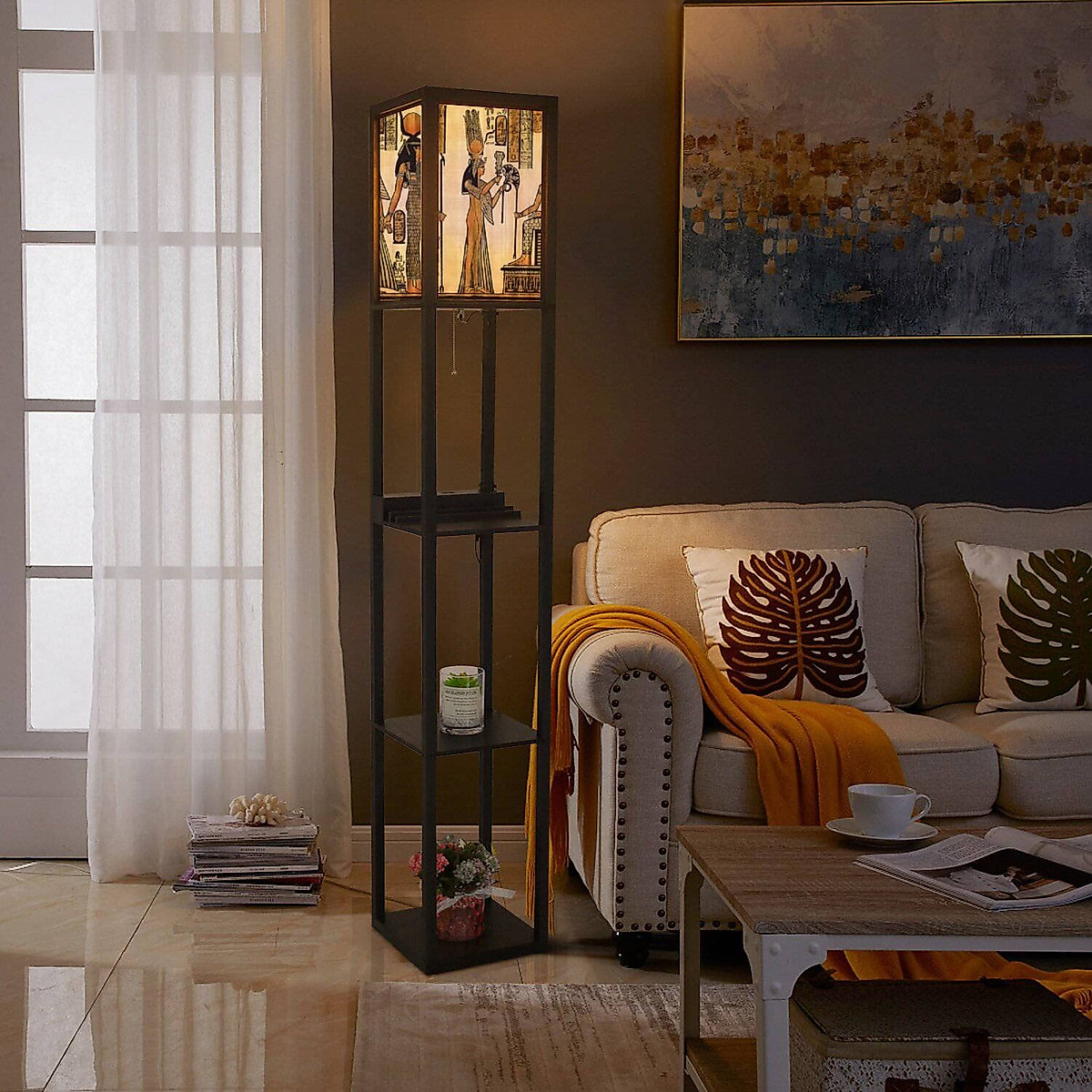 CVNWGKOMQP Ancient Egyptian Papyrus Stock Illustration Floor Lamp with Shelves Tall Standing Lamp Wood Standing Light Linen Shade Bedside Lamp for Living Room Bedroom Modern Home Decor