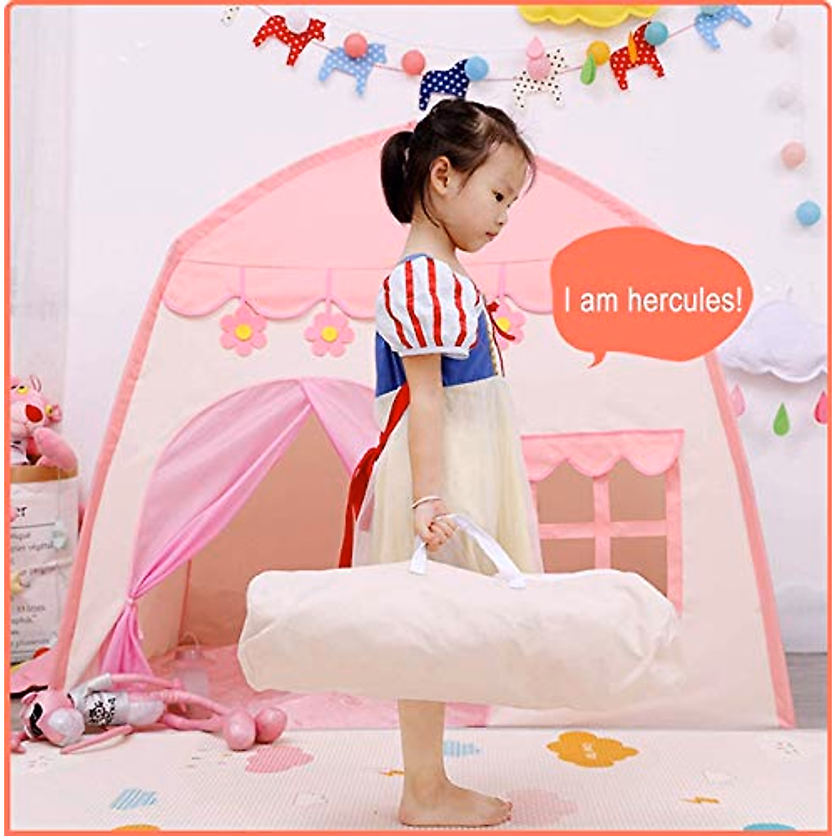 Princess Castle Play Tent with Lights Kids Teepee Tent Large Children Playhouse Oxford Fabric Children Playhouse for Indoor Outdoor with Carry Bag Portable Playhouse Boys & Girls Birthday Gift (Pink)