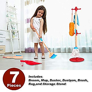 AOKESI Wooden Detachable Kids Cleaning Toy Set - Broom, Mop, Duster, Dustpan, Brush, Rag and Hanging Stand Play, Multicolor Housekeeping Kit, STEM Really Clean Toys Gift for Girls & Boys