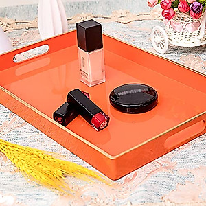 MAONAME Orange Serving Tray with Handles, Modern Decorative Tray for Coffee Table, Plastic Rectangular Tray for Ottoman, Bathroom, Halloween Decor, 15.75” x 10.2” x1.57