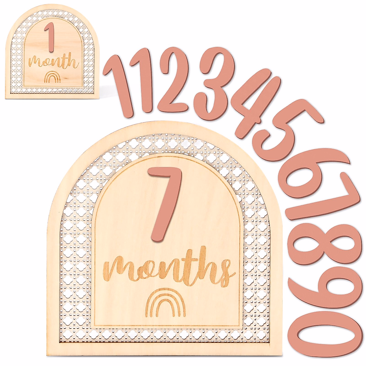 Huray Rayho Boho Rattan Monthly Photo Props Cards Wooden Bohemian Blocks Rainbow Interchangeable Photo Props with 11 Swappable Numbers Set of 12 for Baby Growth Record Baby Shower Plaques