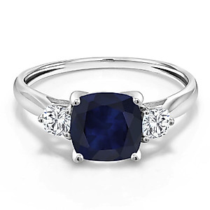 Gem Stone King 10K White Gold Blue Sapphire and White Moissanite 3-Stone Engagement Ring | 2.26 Cttw | Cushion 7MM | 3 Stone Wedding Anniversary Promise Gold Ring For Women (Size 8)
