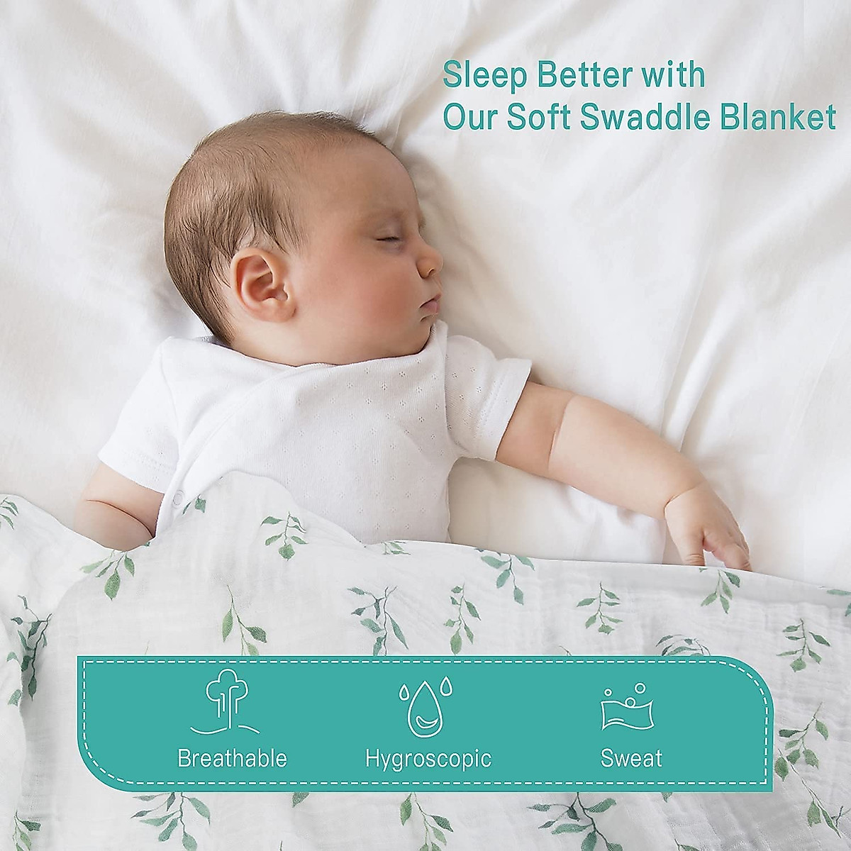 PINNKKU 4-Pcs Organic Cotton Swaddle Set, Baby Muslin Swaddle Blanket, Includes Name Announcement Card, Newborn Swaddle and Hat Set with Matching Bow, Hospital Receiving Blanket, Large 47" x 47”