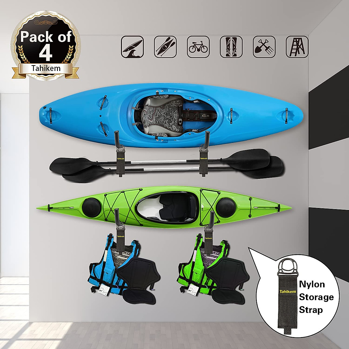 Tahikem 4 Pcs Kayak Rack Wall Mount, Canoe Hanger Hooks, Kayak Storage Hook, Garage Hanger Ladder Brackets, for Hanging Outdoor Beach Folding Chair Bicycle Surfboard Snowboard Paddle Board - Black