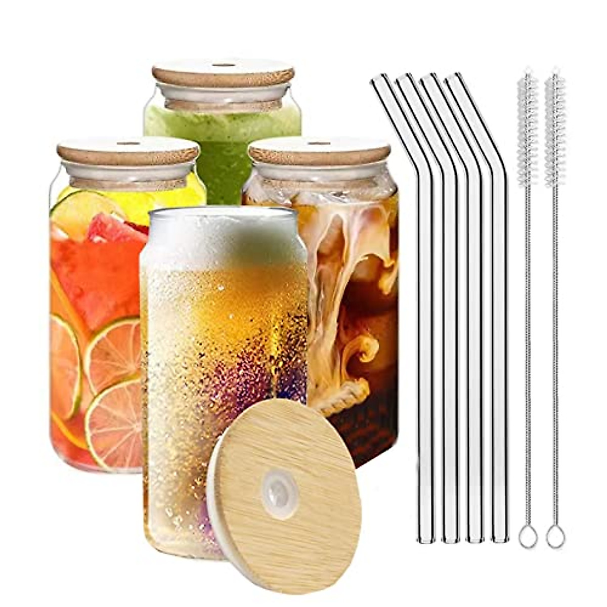 CAKRETY Glasses with Bamboo Lids and Glass Straw 4pcs Set, 16oz Can Shaped Glass Cups, Beer Glasses, Iced Coffee Glasses, Soda, Gift 2 Cleaning Brushes