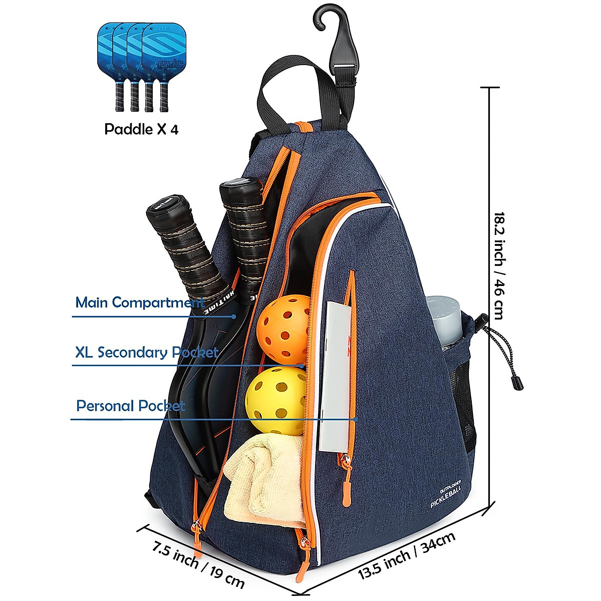 OUTPLORER Pickleball Bags for Men Women Pickleball Paddle Bag Sports Pickleball Bag Adjustable Sling Bag with Fence Hook Crossbody Backpack Fits to the Courts (Orange B)