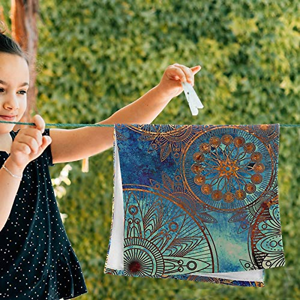 Oyihfvs Damask with Circles Flowers in Blue, Orange and Gold 2 Pieces Face Towel, Highly Absorbent Cotton Dish Hand Towels, Soft Washcloth for Spa Bathroom Hotel Kitchen Beach Gym Yoga