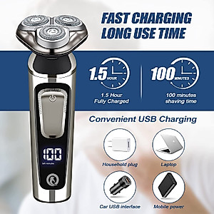 Electric Shaver for Men, Yevheniys Wet and Dry Rechargeable Cordless Beard Shavers 3 in 1 Waterproof Rotary Face Shaver Razors Suitable Gifts for Men - USB Cable Charging
