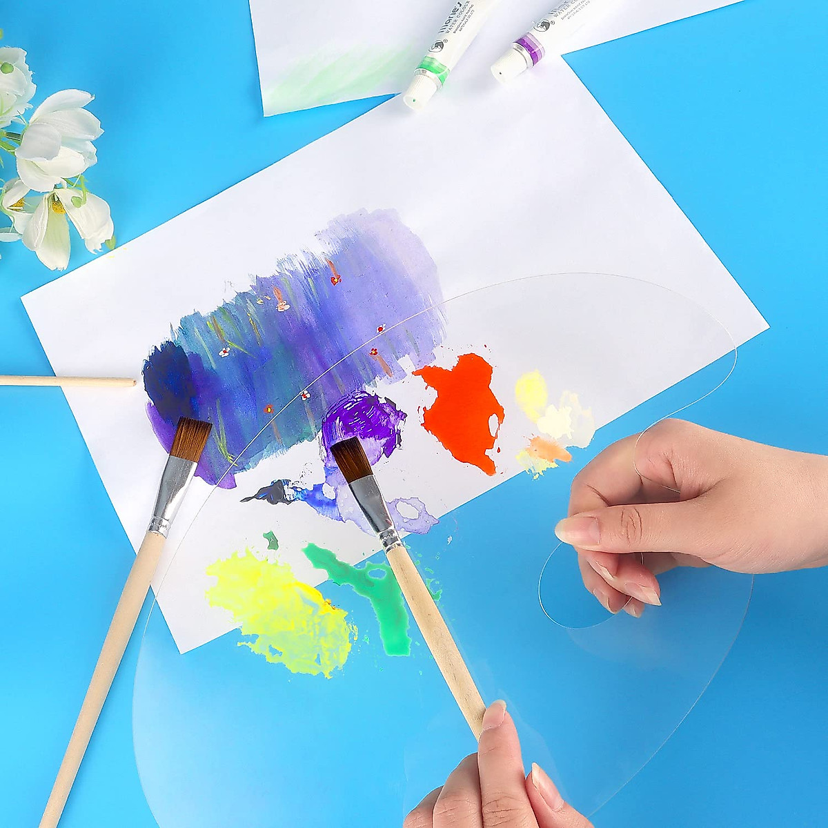 Tamaki 2 Pack Acrylic Paint Palette with Thumb Hole Clear Art Palette, Easy Clean Non-Stick Artist Pallet for Oil Watercolor Craft DIY Art Painting Palette