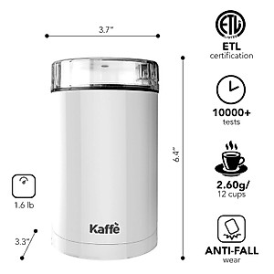 Kaffe Coffee Grinder Electric - Spice Grinder w/Cleaning Brush, Easy On/Off - Perfect for Espresso, Herbs, Spices, Nuts, Grain - 3.5oz / 14 Cup (Blade Grinder, White)
