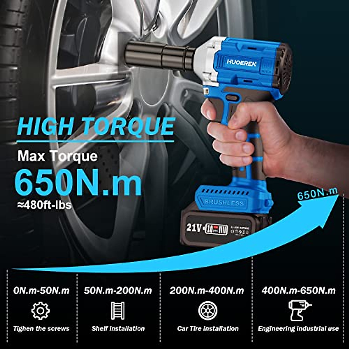 Huoeren Electric Cordless Impact Wrench 1/2 Inch,480Ft-lbs(650N.m) High Torque Battery Impact Wrench,21V Brushless Impact Gun Set with 2x4.0Ah Battery,4 Sockets,4 Drills and 4 Screws for Car & Home