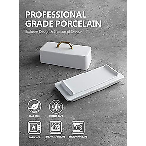Sweese 327.101 Butter Dish with Lid for Countertop - Butter Dish with Gold Handle, Butter Dishes with Covers for 4oz East West Coast Butter - Dishwasher Safe, White