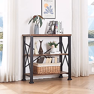HOMBAZAAR Bookshelf, 3-Tier Industrial Bookshelves, Wood and Metal Bookcase,Free Standing Storage Small Modern Bookshelf for Living Room, Bedroom and Home Office，Brown