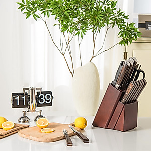 COSTWAY 15-Pieces Kitchen Knife Sets, with Block, Sharpener & Kitchen Shears, Includes Chef Knife, Bread Knife, Santoku Knife, Utility Knife, Paring Knife, 6 Steak Knives (Dark Brown)