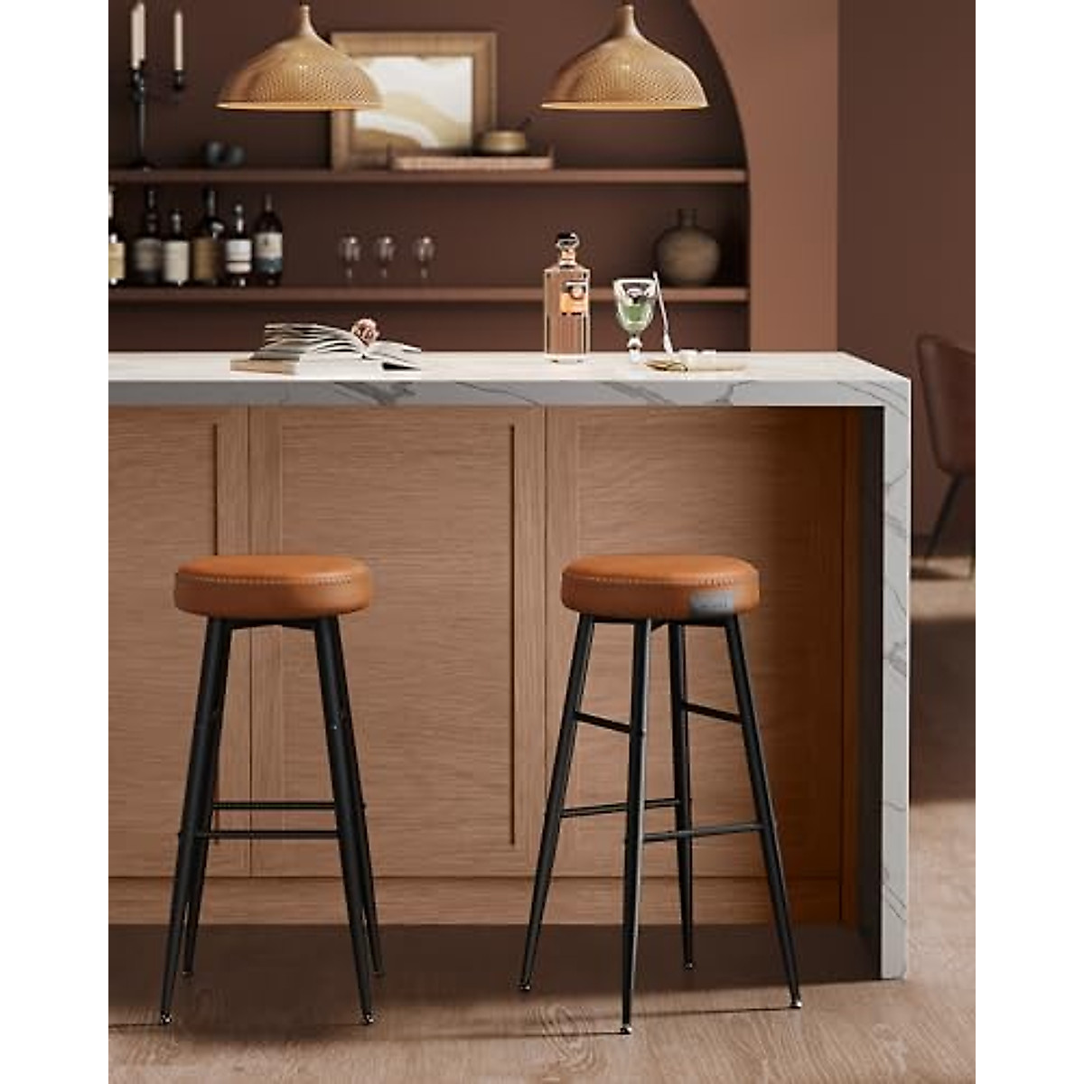 VASAGLE EKHO Collection - Bar Stools Set of 2, Bar Height Bar Stools, Kitchen Counter Stools, Mid-Century Modern Backless Counter Stools, 30-Inch Tall, Kitchen Island Home Bar, Caramel Brown