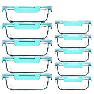 YANGNAY 10 Pack Glass Food Storage Containers with Airtight Lids, Leak-Proof Meal Prep Containers with Lids, Dishwasher/Microwave/Oven/Freezer Safe (Mint Green)