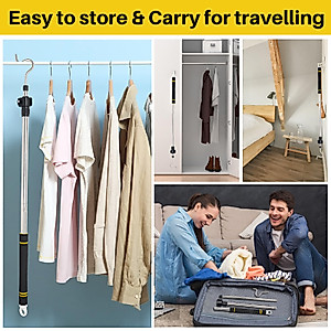 Frebuta Clothes Hook Pole, 36" to 65" Long Pole with Hook with Sponge Long Handle Telescoping Pole Stainless Steel Tube S Hook Closet for Reaching Extending Rod Lightweight Hang High Area Top