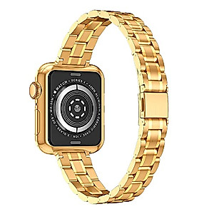 CSJCUBIC Metal band Compatible with Apple Watch Band 38mm 40mm 41mm 42mm 44mm 45mm for women, Slim and Thin Stainless Steel Replacement Adjustable Wristband for iWatch Series 8/7/6/5/4/3/2/1/SE (Gold, 38mm/40mm/41mm)