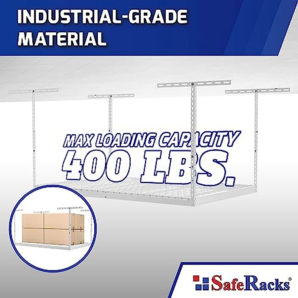 SafeRacks Overhead Garage Storage Rack - Heavy Duty Racks for Garage with 400 lb Capacity, Easy Garage Shelving, Adjustable Storage Rack, Ceiling Mount Storage Shelves 3x6 White (18"-33")