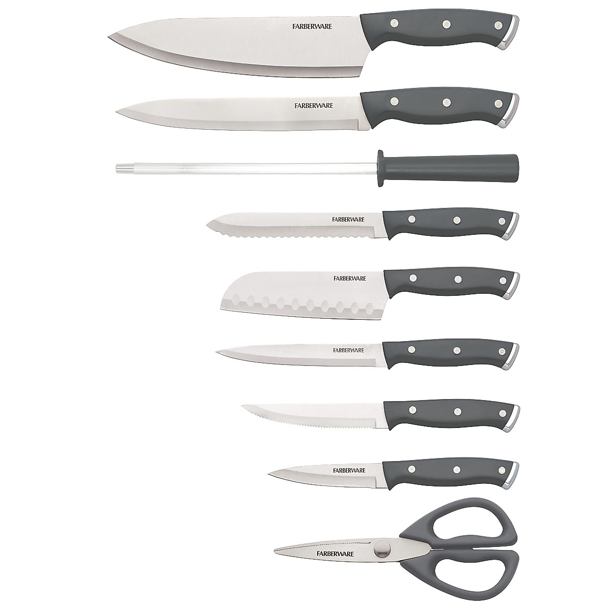 Farberware Triple Riveted Knife Set High-Carbon Stainless Steel Blades, Ergonomic Handles with Silver Accents, Includes Rubber Wood Storage Block, 15 piece, Gray