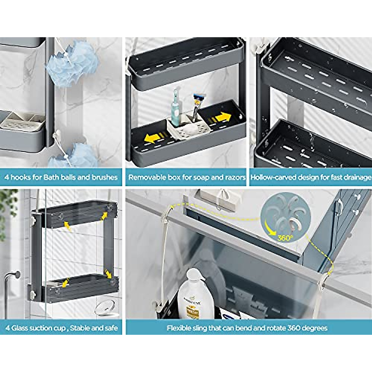 ADOVEL Shower Caddy Hanging, 2 in 1 Shower Caddy Over Shower Head/ Door, Sturdy Bathroom Shelf Organizer with Adjustable Height, Never Rust, No Drilling, 4 Suction Cups (Grey)