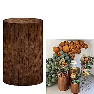 HISDH Vintage Wooden Pedestal Covers for Birthday Party Decoration Wood Grainy Texture Plinth Cover Fabric Cylinder Cover Wedding Bridal Shower Baby Shower Baptism Communion Props Dia40 H90 NO1018