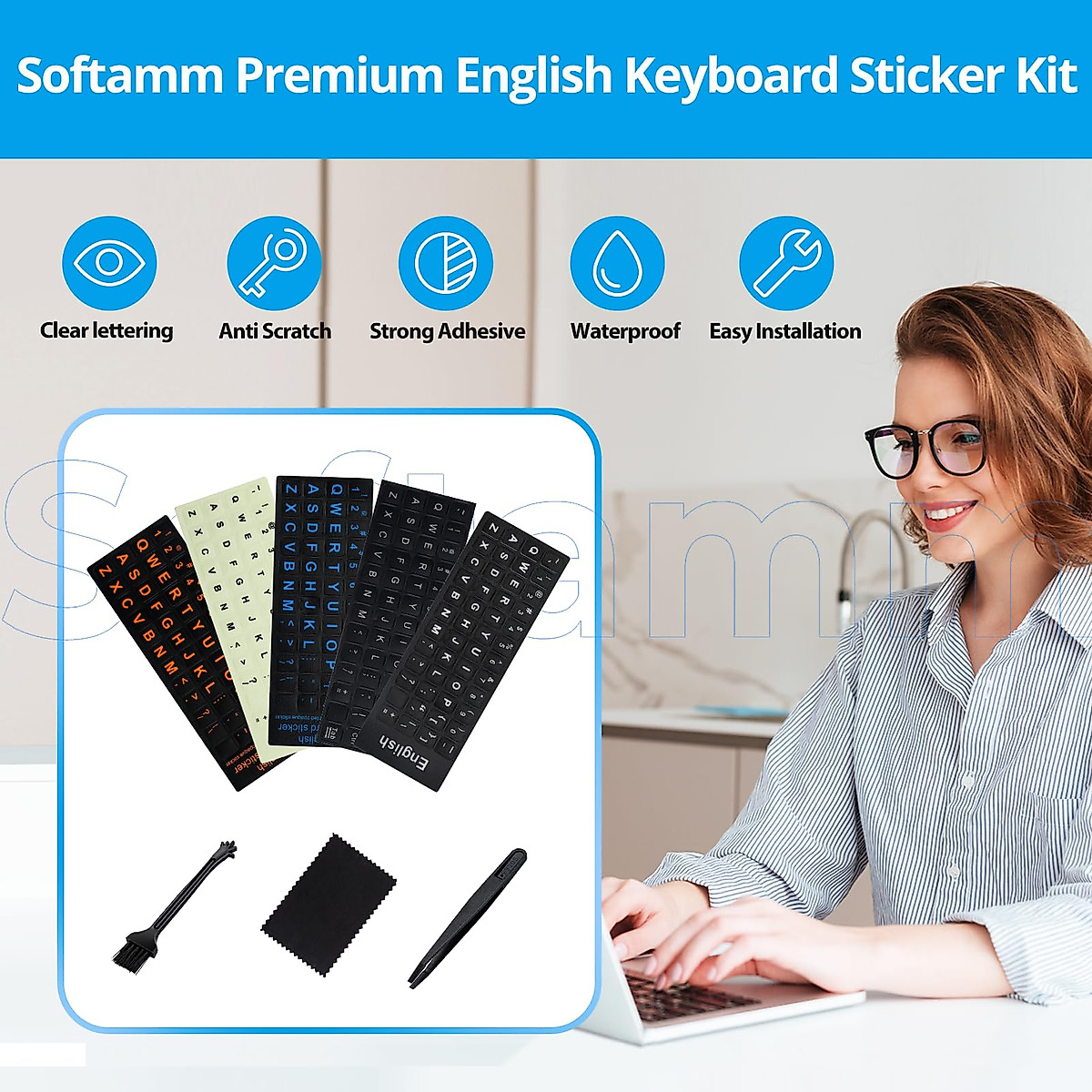 English Keyboard Stickers[5 in 1],Replacement English Keyboard Sticker with White Font on Black Background Universal for Laptop Desktop Computer,Matte English Keyboard Alphabet Sticker