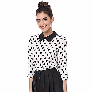 Allegra K Women's Polka Dots Contrast Peter Pan Collar Top 3/4 Sleeves Blouse Shirt X-Large White