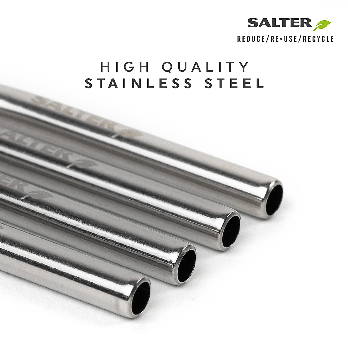 Salter 302 SSXR Eco Reusable Metal Drinking Straws, Curved and Straight Design, Set of 8, Includes a Sisal Fibre Cleaning Brush and Drawstring Bag, Perfect for a Night Out or Picnic, Stainless Steel