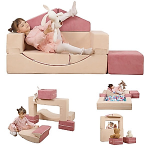 GudoInsole Play Couch Sofa for Kids Tunnel Fold Out Sofa Convertible Lounger Sofa Foam Playset for Creative Child Girls and Boys Playroom (Pink)