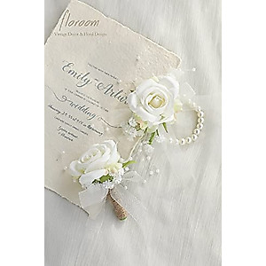 Floroom Ivory Rose Wrist Corsage Bracelet Wristlet Band and Men Boutonniere Set for White Wedding Flower Accessories Prom Suits