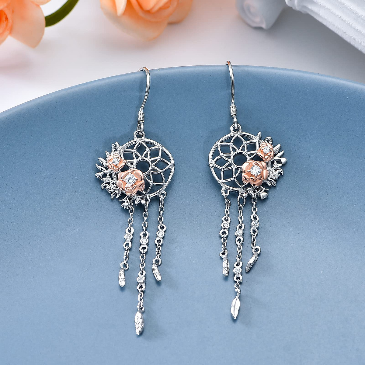 MBSUUH Dream Catcher Dangle Drop Earrings 925 Sterling Silver Rose Flower Dreamcatcher Jewelry Gifts for Women Wife Mom Girls