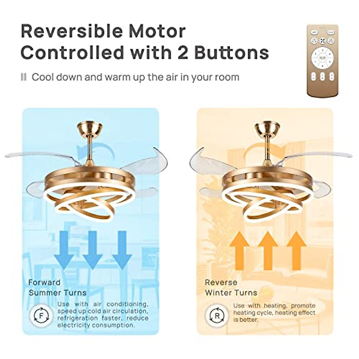 Minfeng Retractable Ceiling Fan with Lights and Remote Control, 42 Inch Farmhouse Ceiling Fans for Bedroom, Living Room, Study, Patio, (Gold)