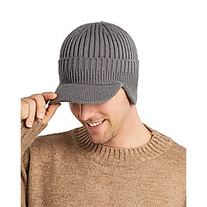Koreshion Men's Winter Visor Beanie Hat with Earflaps Knit Baseball Cap with Brim Ski Hat Warm Fleece Lined Hunting Hat Grey