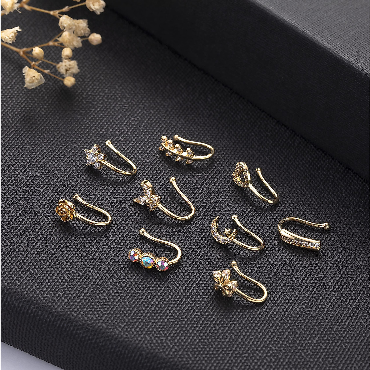 YOVORO 9Pcs Fake Nose Rings Hoop for Women Faux Cartilage Tragus Ring Nose Cuff Non Piercing Jewelry Set G