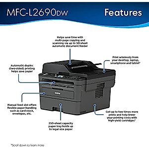 Brother MFC L26 Series All-in-One Laser Printer, Print, Copy, Scan, Fax - 26 ppm, 2400 x 600 dpi, 250 Sheets, Wireless, Mobile Printing, Auto 2-Sided Printing, with MTC Printer Cable