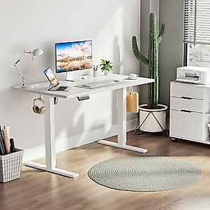 SMUG Standing Desk Adjustable Height, Electric Table with 3 Memory Preset & T-Shaped Metal Bracket, Modern Computer Workstation with Splice Board for Home Office, White
