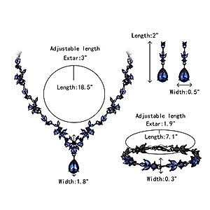 Crysdue Wedding Jewelry Set for Women Bride Bridesmaid, Stunning Marquise Rhinestone Crystal Floral Leaf Vine Pendant Necklace Dangle Earrings Bracelet Set for Prom Party Sapphire Color Black-Tone