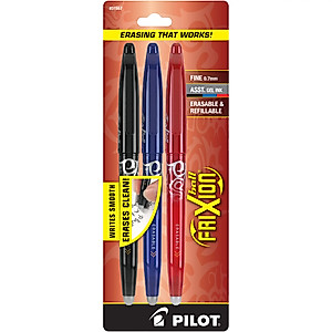 PILOT FriXion Ball Erasable & Refillable Gel Ink Stick Pens, Fine Point, Black/Blue/Red Inks, 3-Pack (31557)