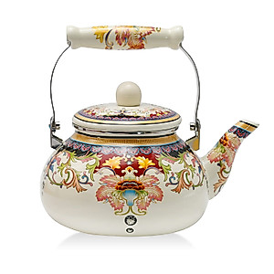 Saihisday 2.5L White Flowered Tea Kettle with Ceramic Handle, Floral Ceramic Enamel Teapot for Stovetop, No Whistle