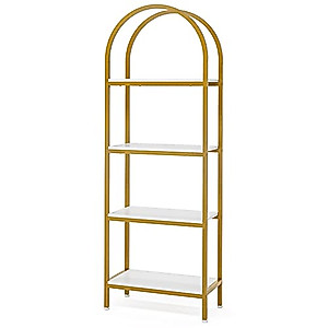 LITTLE TREE 4-Tier Arched Bookshelf, Tall Open Bookcase Storage Shelves, Wood Metal Freestanding Display Rack Tall Shelving Unit for Home Office, Bedroom, Living Room, White & Gold