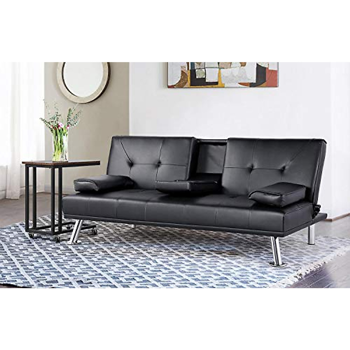 Topeakmart Living Room Futon Sofa Bed Faux Leather Sofa Couch Modern Convertible Folding Recliner with Cup Holders Living Room Furniture Sofa Black