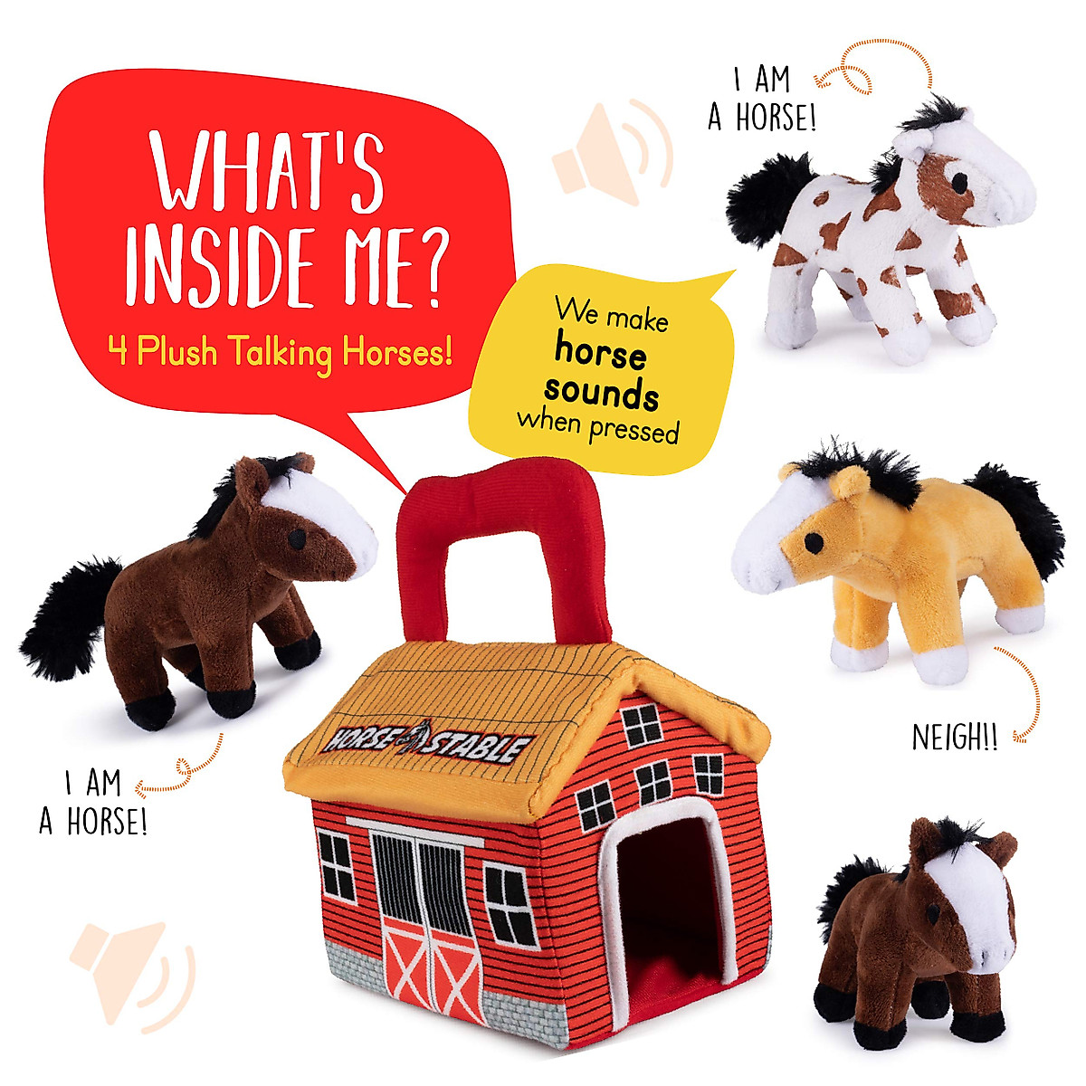 Plush Creations Talking Plush Horse Toys for Kids. Playset Includes Stable Carrier with 4 Cuddly Interactive Talking and Neighing Plush Toy Horses. Best Gift for Girls Or Boys Toddlers and Babies