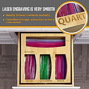 Bamboo Food Storage Ziploc Bag Organizer - Perfect for a Kitchen Drawer and Kitchen Organization - Plastic Ziploc Bags Storage Compatible with Gallon, Quart, Sandwich & Snack Variety Size Bags