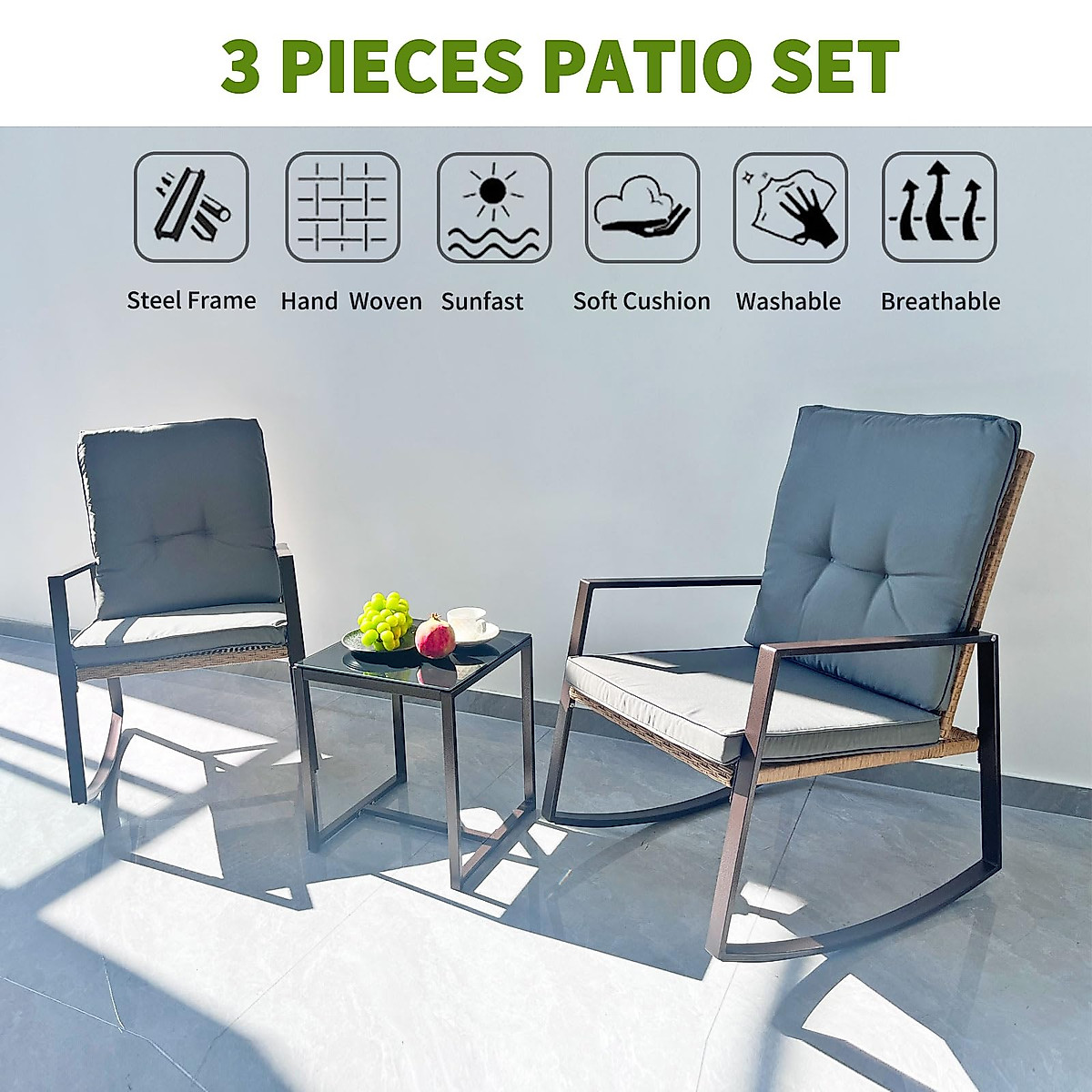 VSMKSJ 3 Pieces Patio Rocking Chairs Set of 2, Outdoor Wicker Patio Sets Conversation Coffee Table for Front Porch,Balcony,Garden,Poolside,Washable Cushion (Grey)